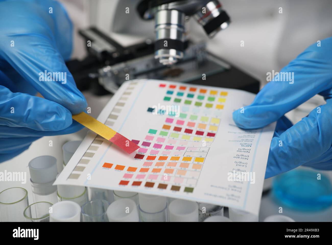 Scientist compares indicator paper strip with color palette Stock Photo ...