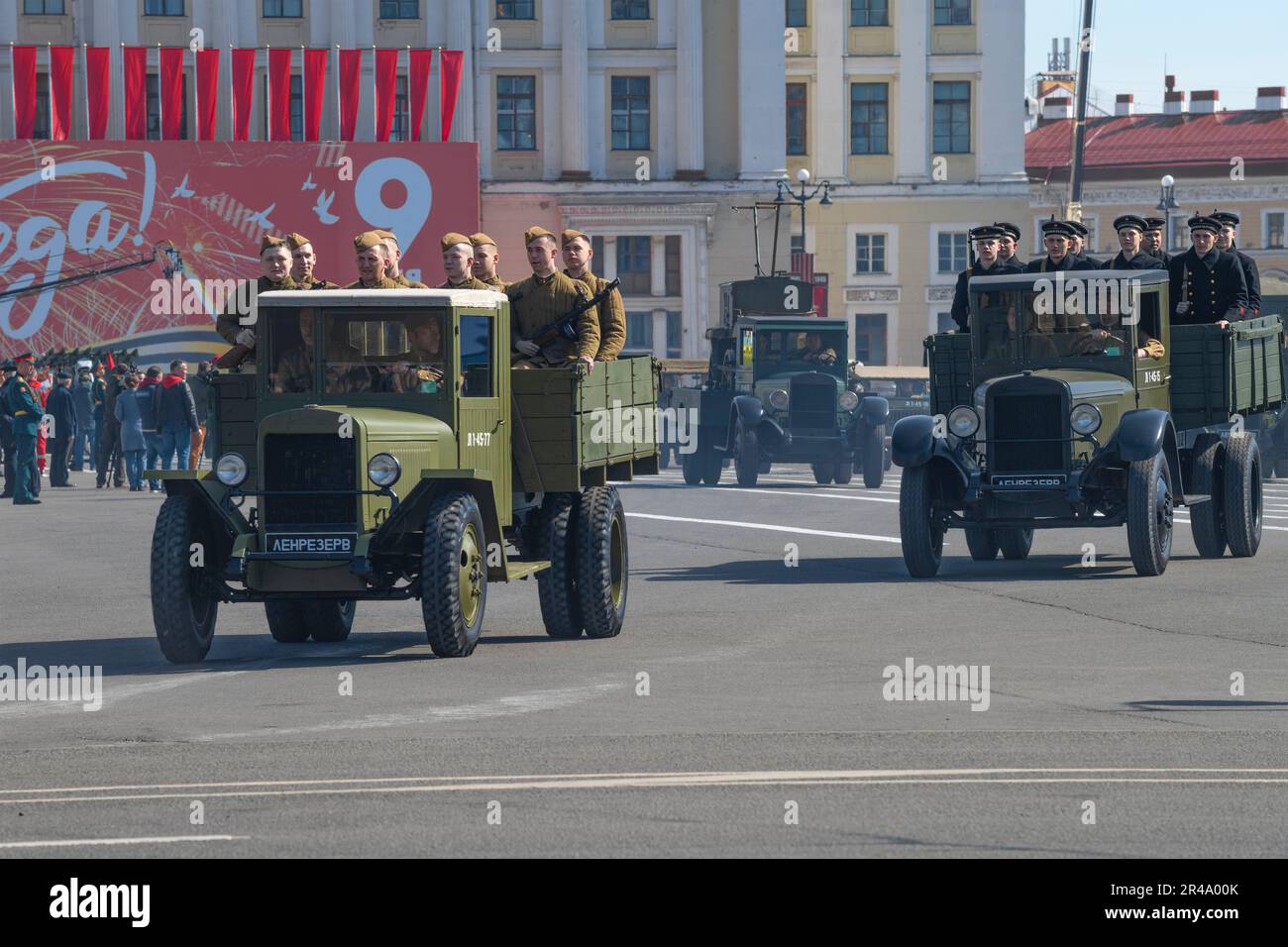ST. PETERSBURG, RUSSIA - MAY 09, 2023: Trucks ZIS-5 with soldiers and ...
