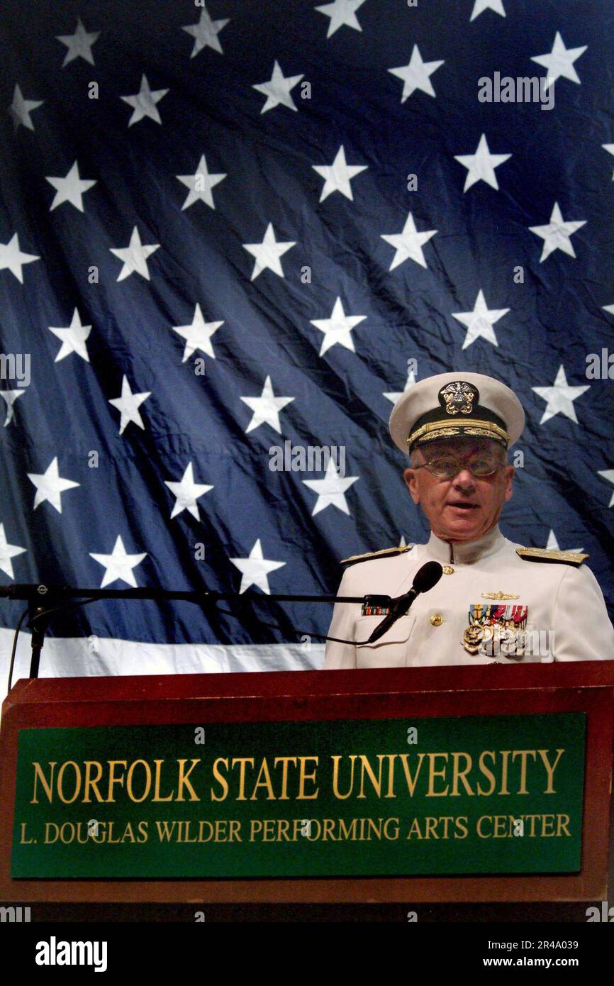 US Navy Adm. Vern Clark, Chief of Naval Operations (CNO) speaks to the ...
