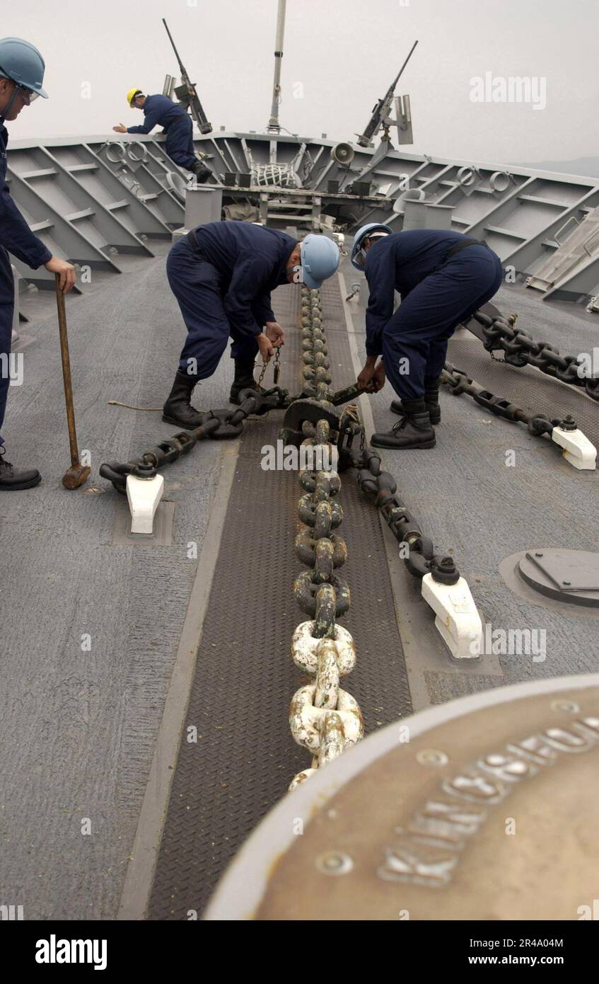 US Navy Deck Department Sailors aboard the guided missile cruiser USS ...