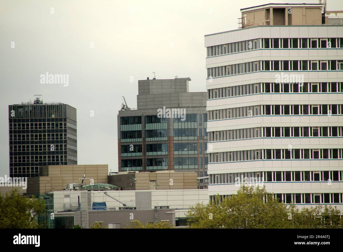 A view of a city skyline featuring several large multi-story buildings ...