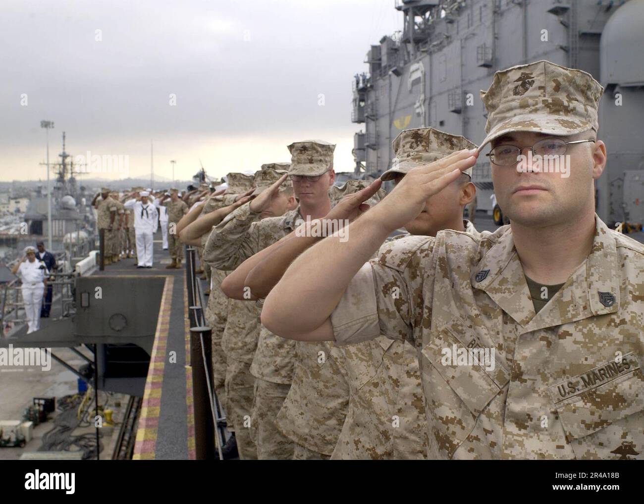 US Navy Marines and Sailors salute the Ensign during morning colors as ...