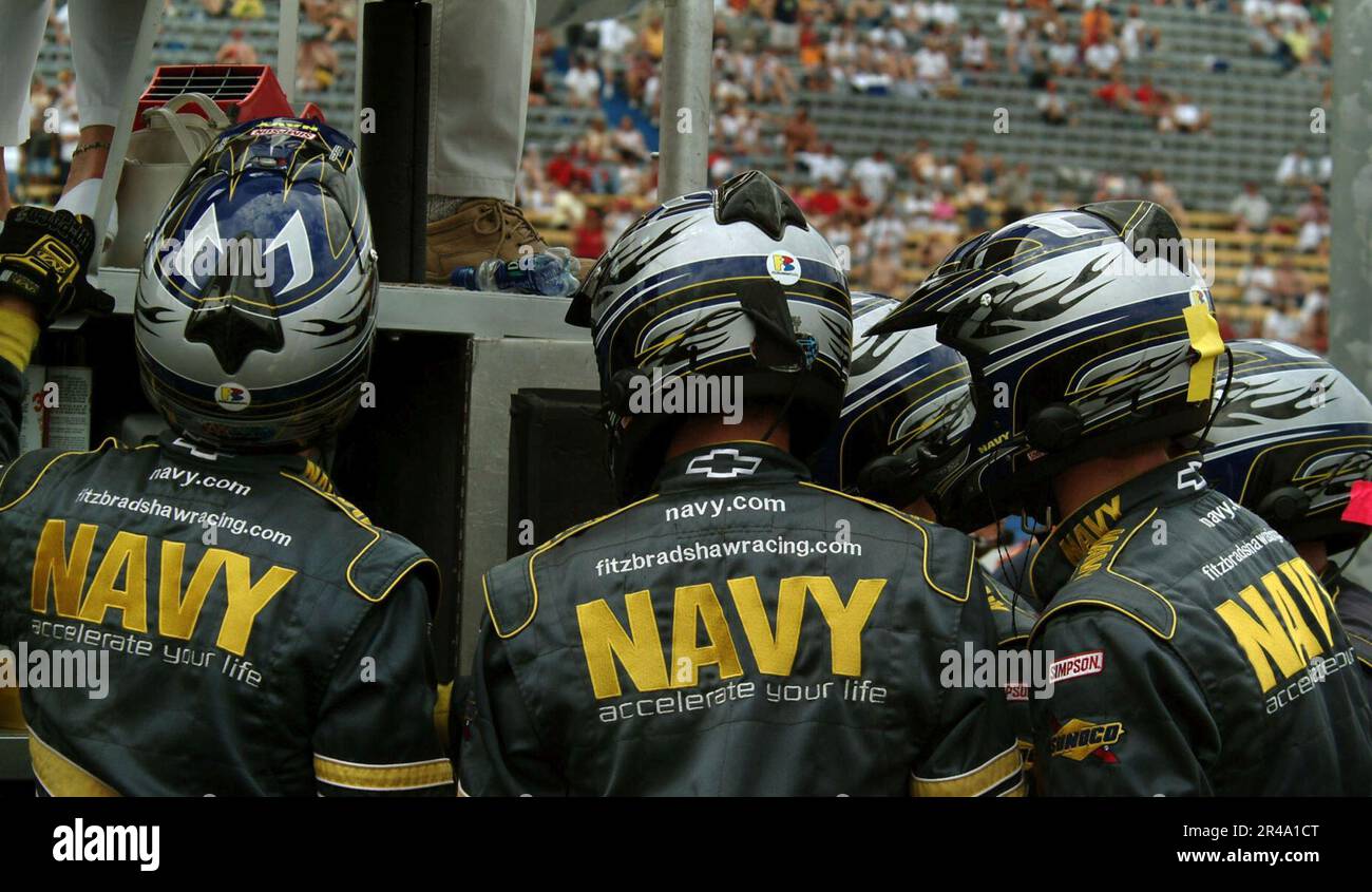 US Navy Team members of the FitzBradshaw NASCAR Busch Race Team huddle ...