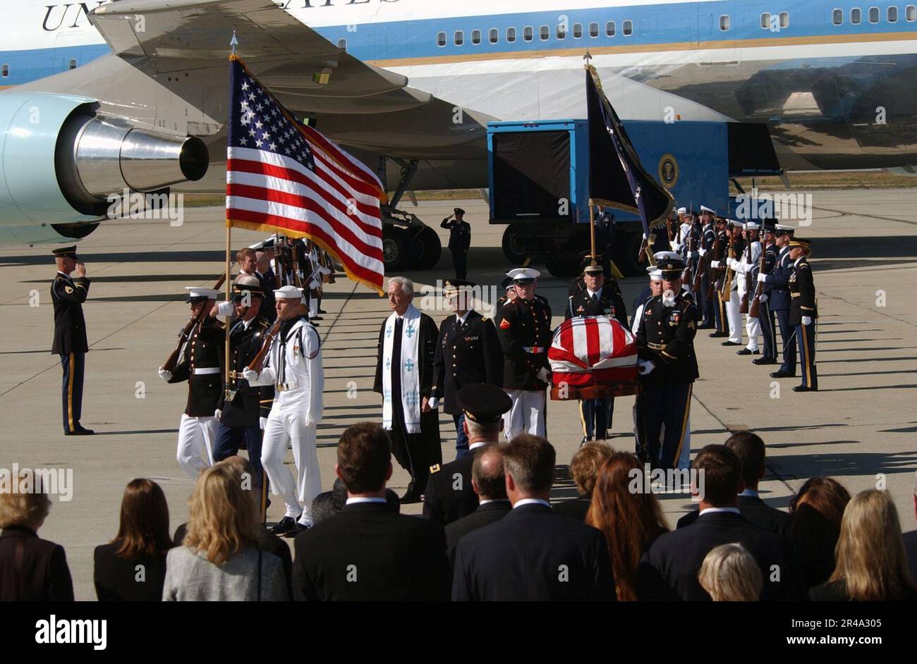 US Navy Members of the Ceremonial Honor Guard carry the casket of former President Ronald W ...