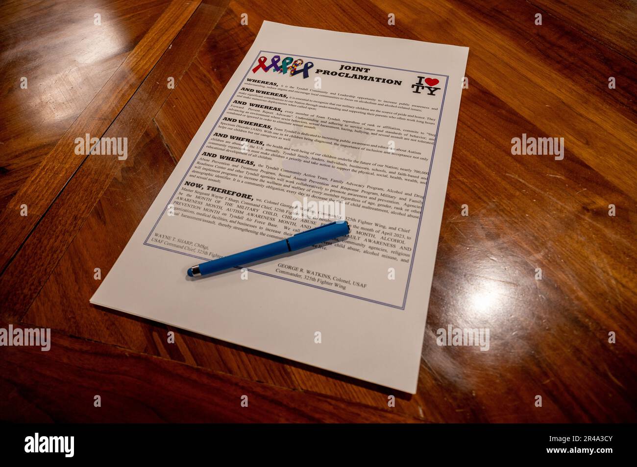 A joint proclamation rests on a table at Tyndall Air Force Base ...