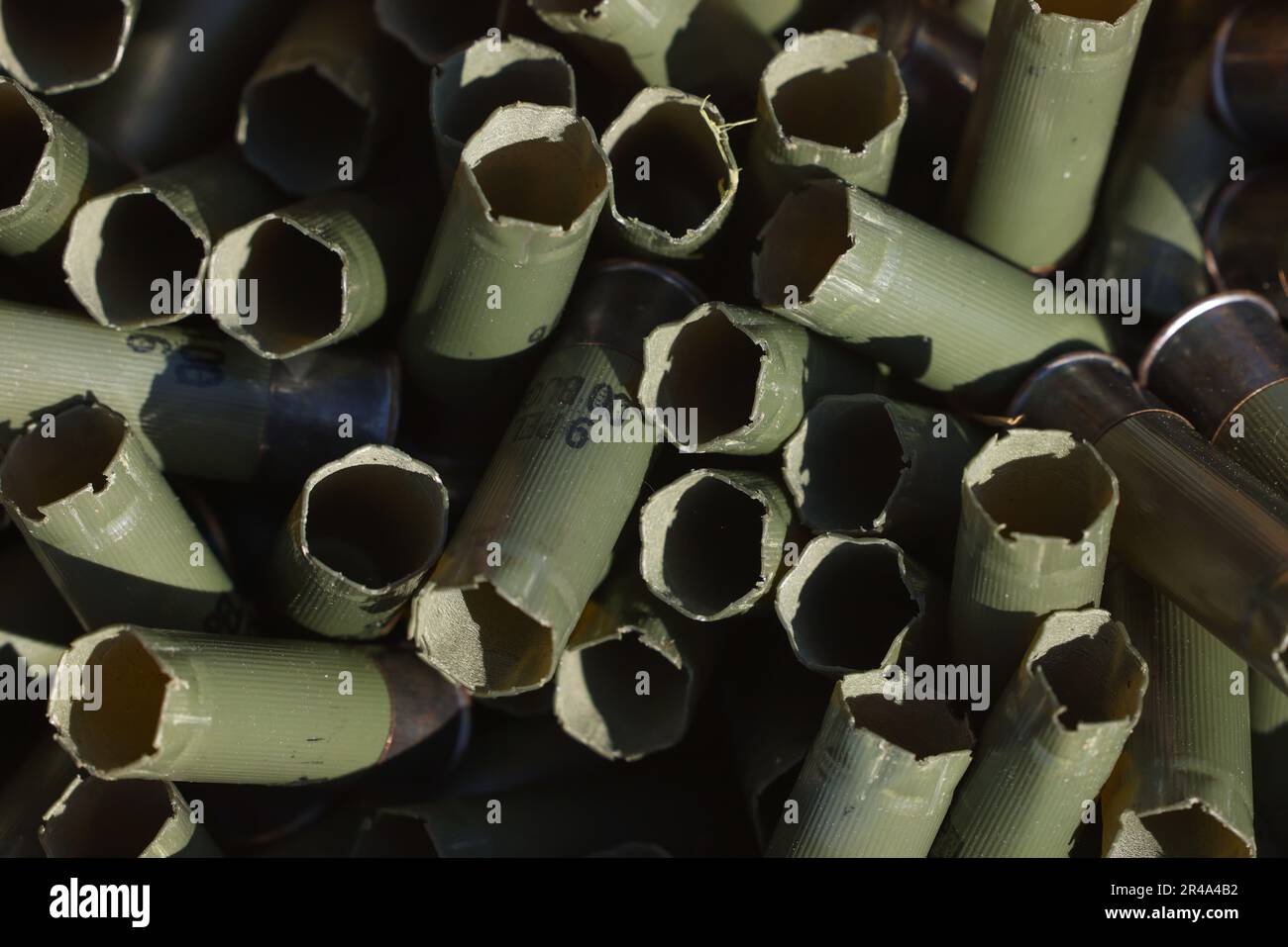Expended shotgun shells sit in an ammo box during a live fire range on ...