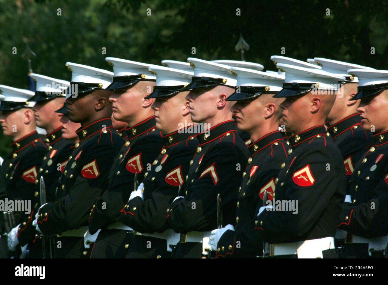 US Navy U.S. Marine Ceremonial Guards render honors during a full honors welcome ceremony for ...