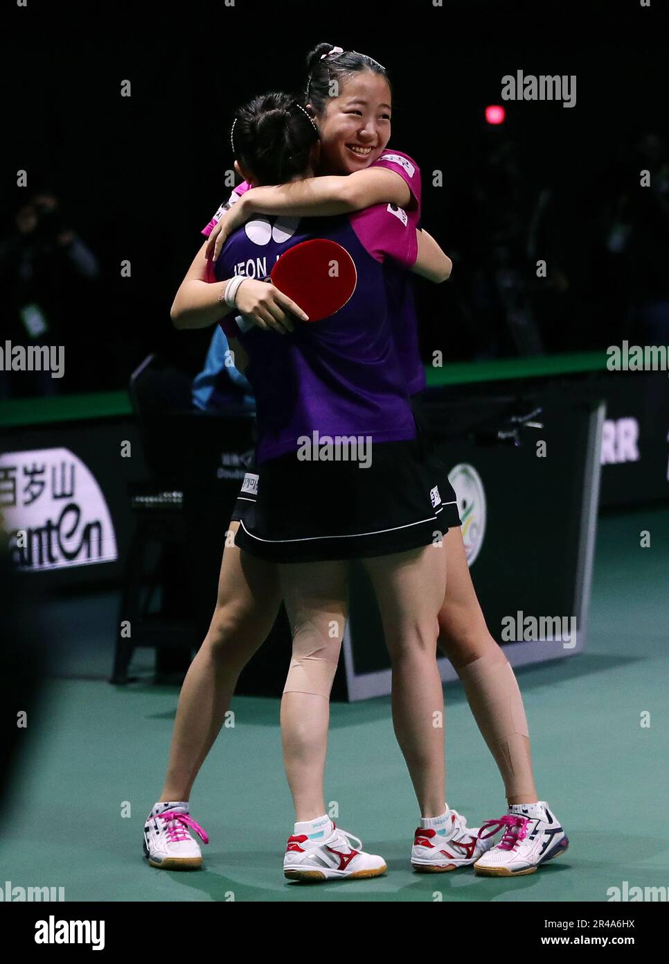 Durban, South Africa. 26th May, 2023. Jeon Jihee/Shin Yubin (rear) of South Korea celebrate ...