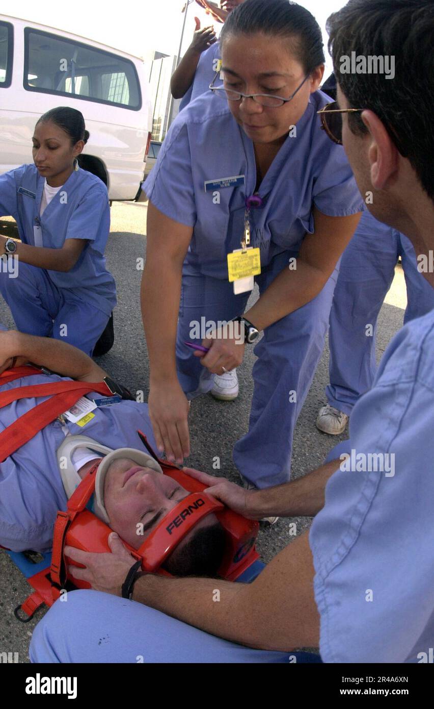 US Navy Navy Hospital Corpsmen and Medical Officers assess a car ...