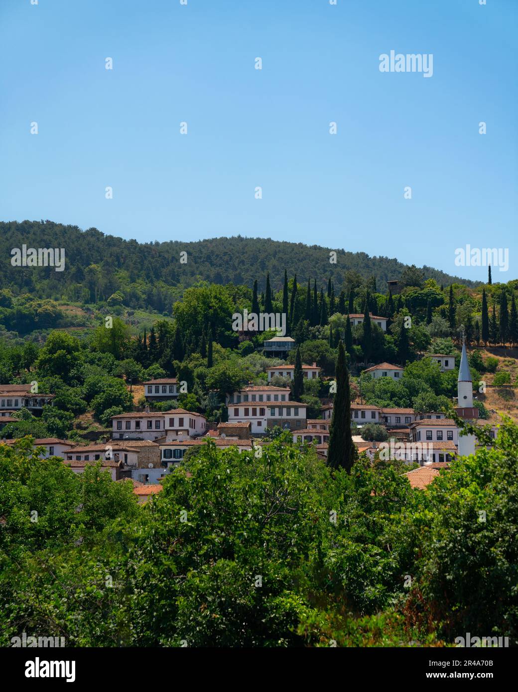 A picturesque countryside landscape with many homes and large pointy ...