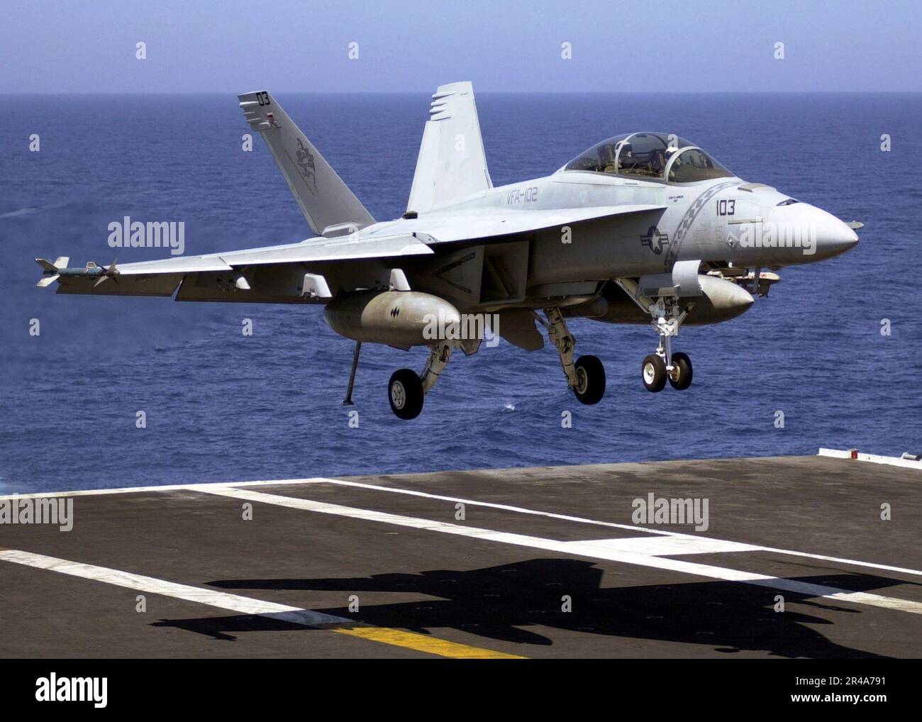 US Navy An F-A-18F Super Hornet assigned to Strike Fighter Squadron One Zero Two (VFA-102 ...
