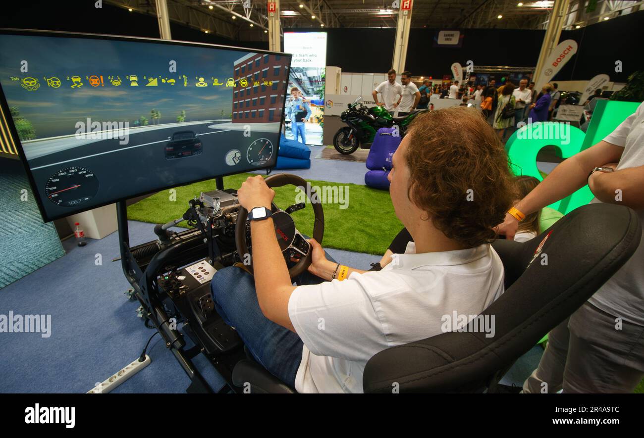 Bucharest, Romania. 26th May, 2023: A car racing simulator rig at Bosch ...