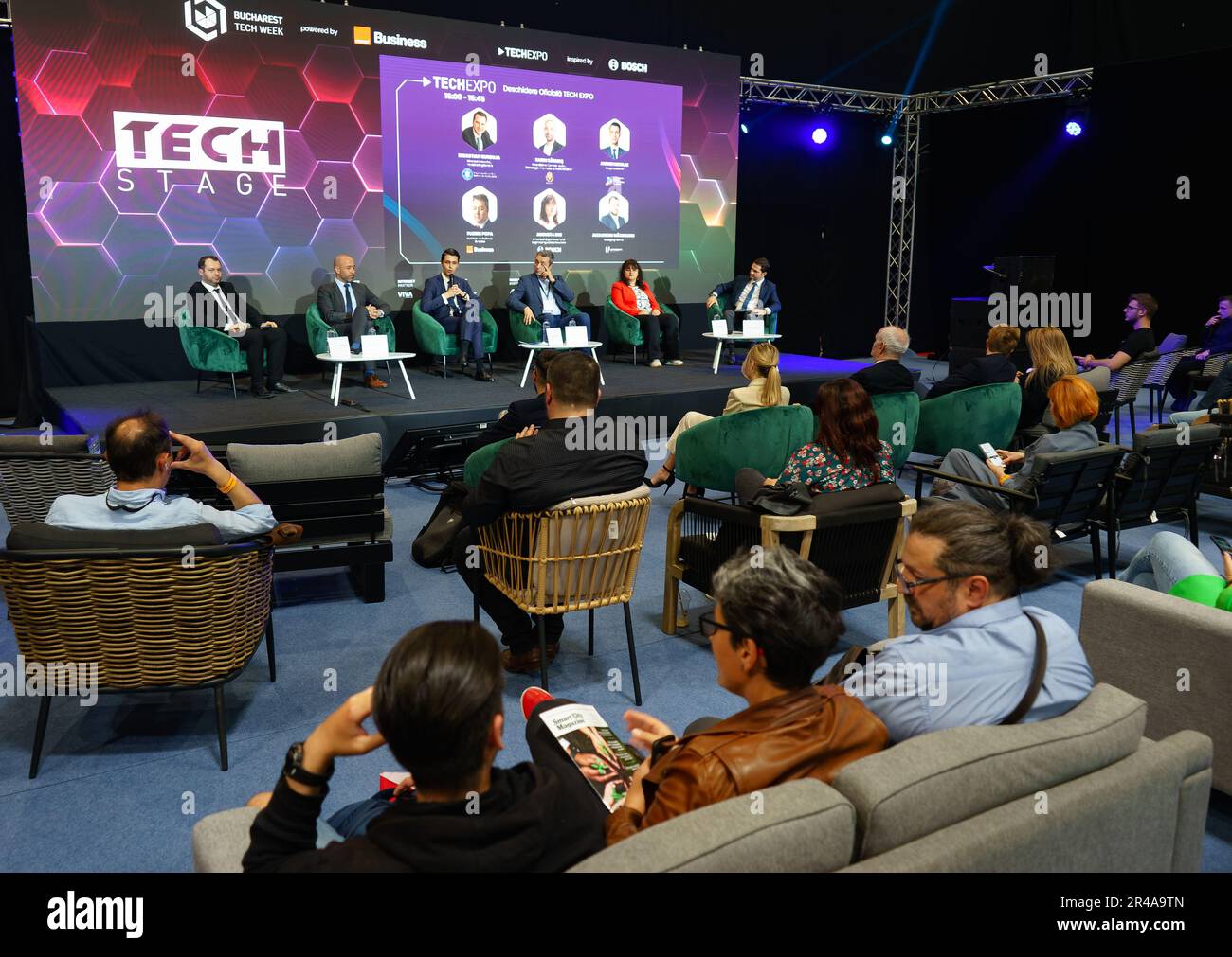 Bucharest, Romania. 26th May, 2023: The opening panel of TechExpo 2023 at ROMEXPO Exhibition ...