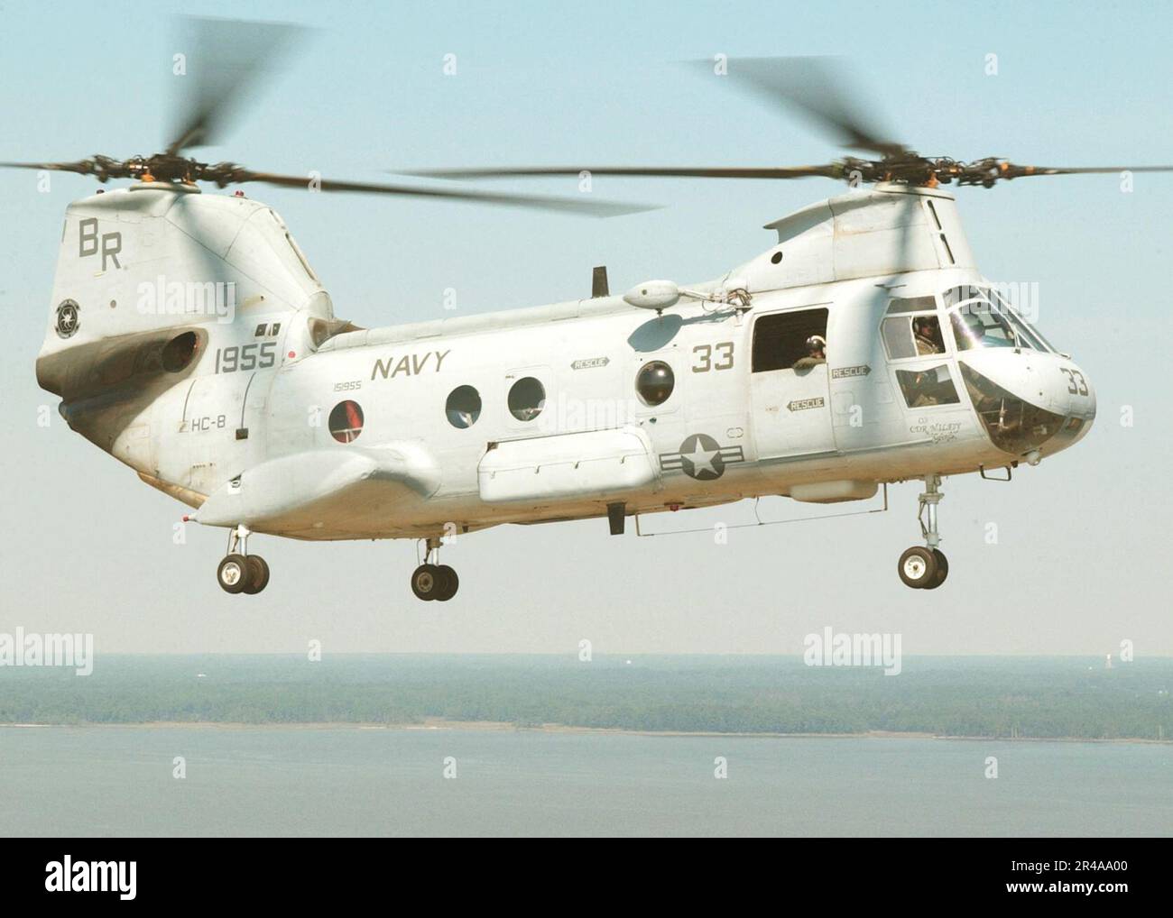 US Navy A CH-46D Sea Knight helicopter flies for the final time over ...