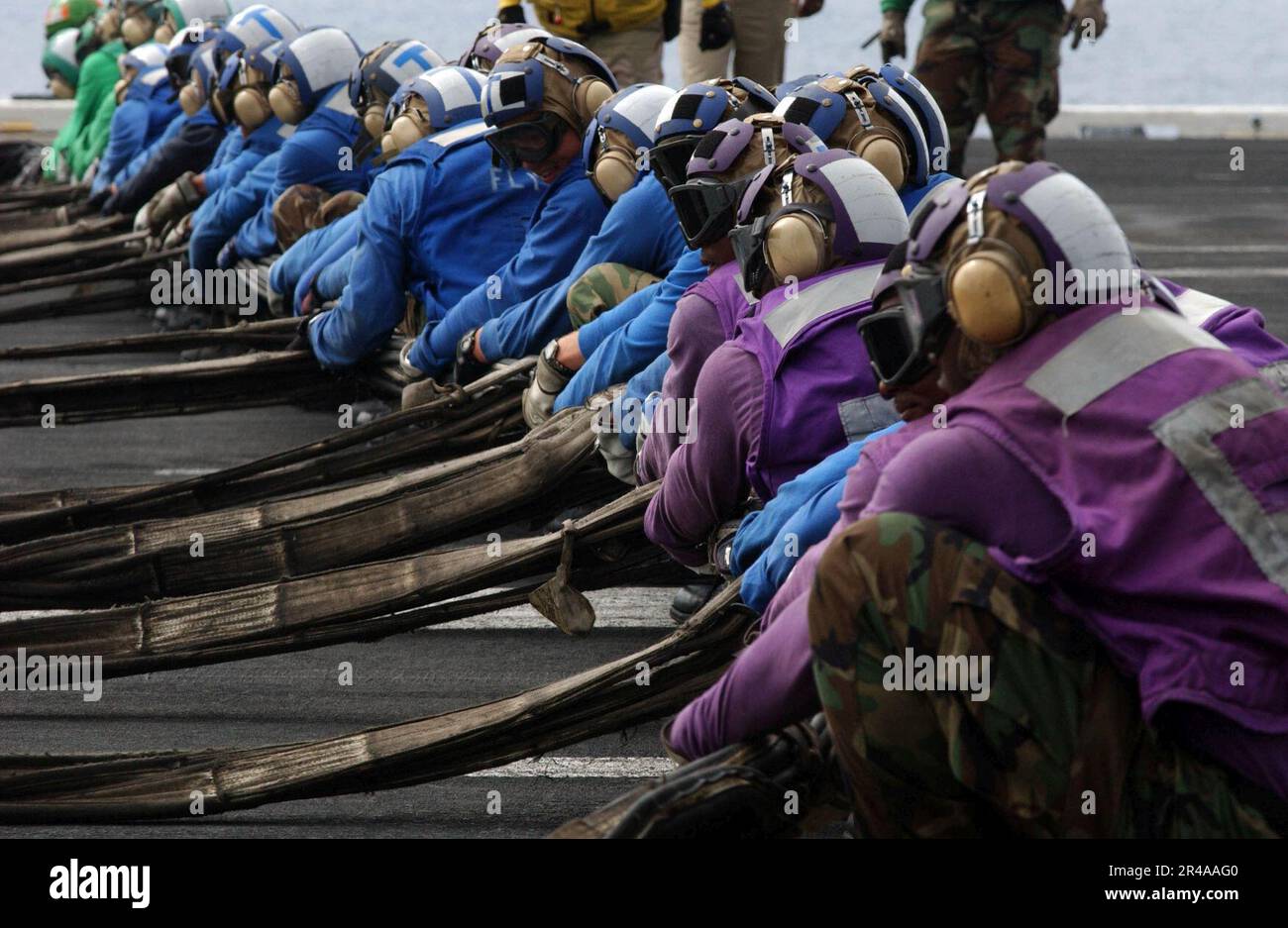 US Navy Air Department personnel conduct an aircraft emergency landing ...