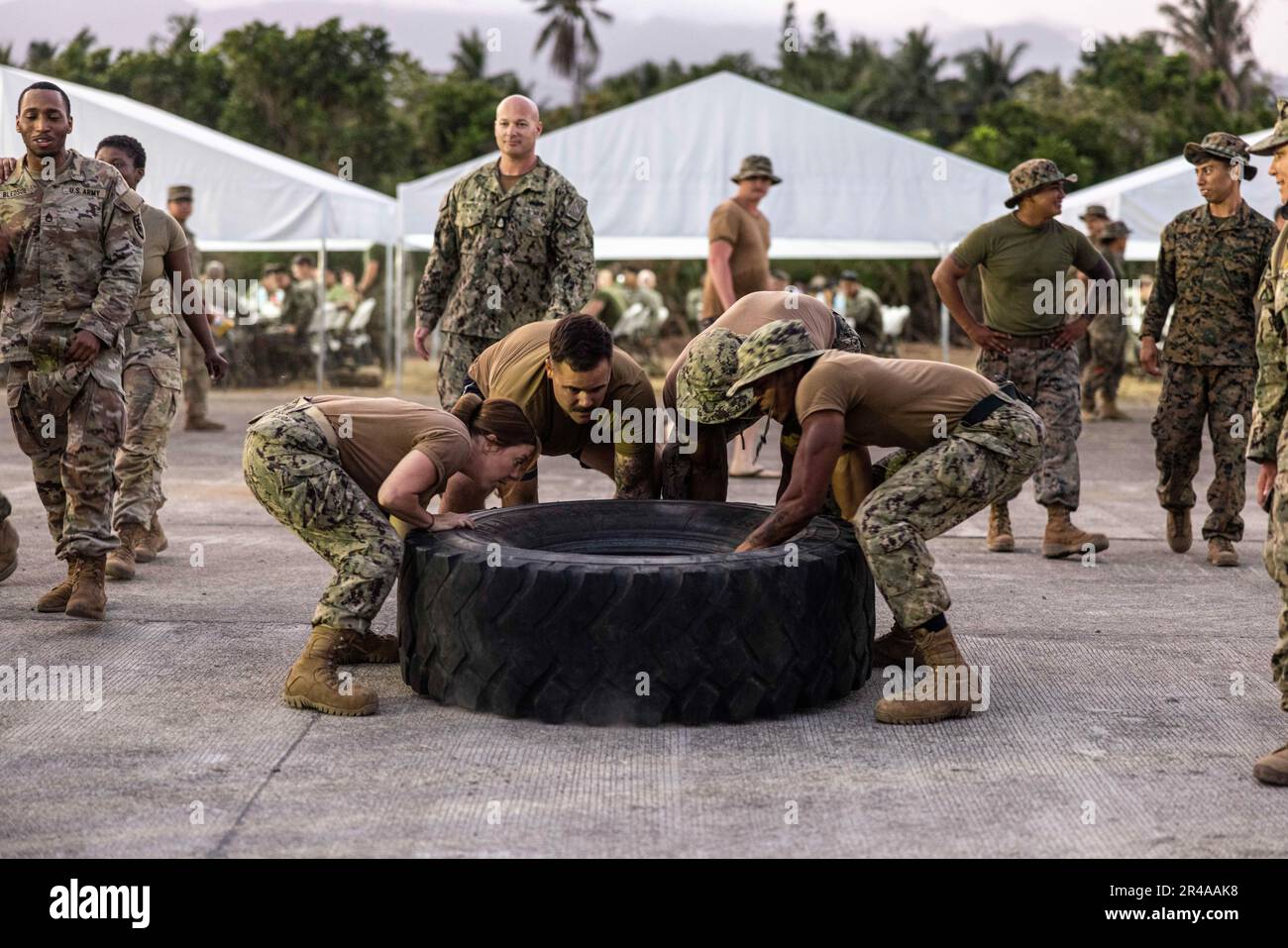 U.S. Navy Sailors flip a tire during a U.S. service competition in ...