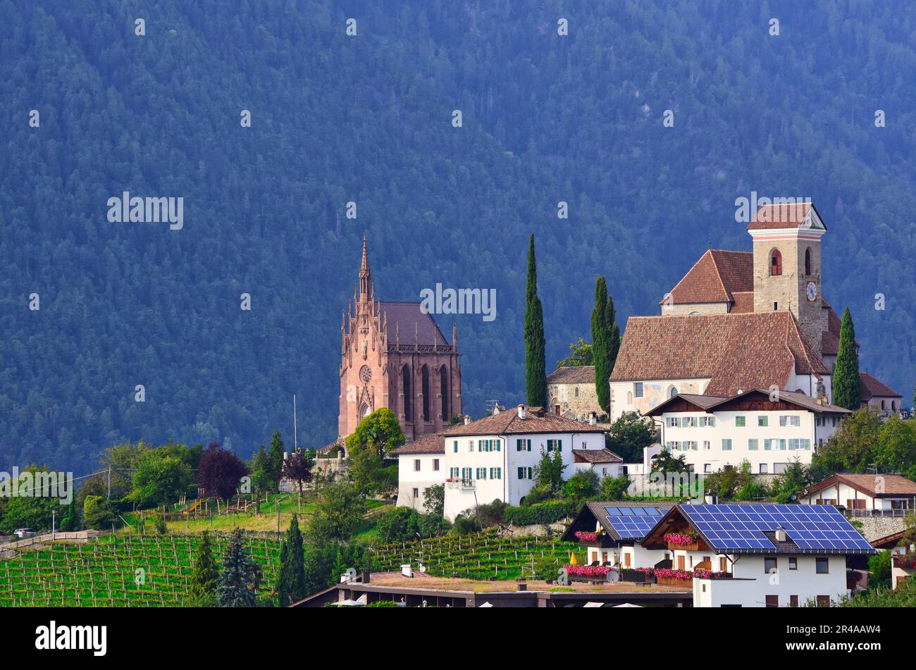 An aerial view of Mausoleum Schenna church with a scenic landscape of ...