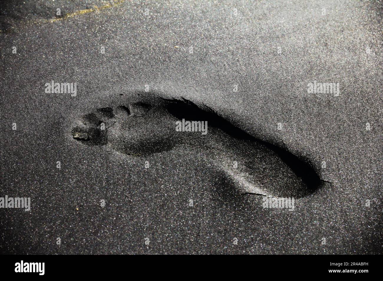 A human footprint on black sand in Tongaporutu, New Zealand Stock Photo ...