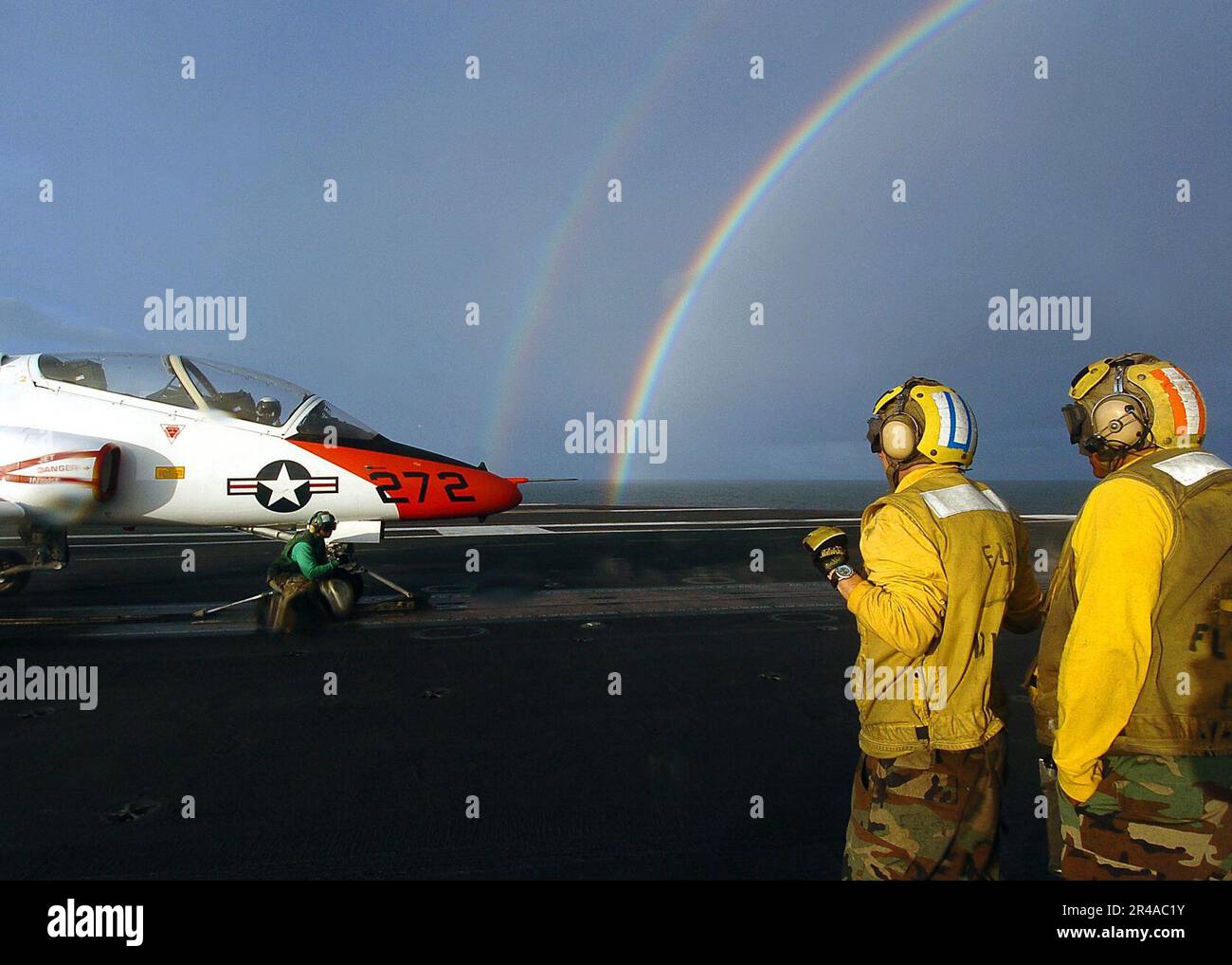 US Navy Air Department personnel direct a T-45C Goshawk assigned to ...