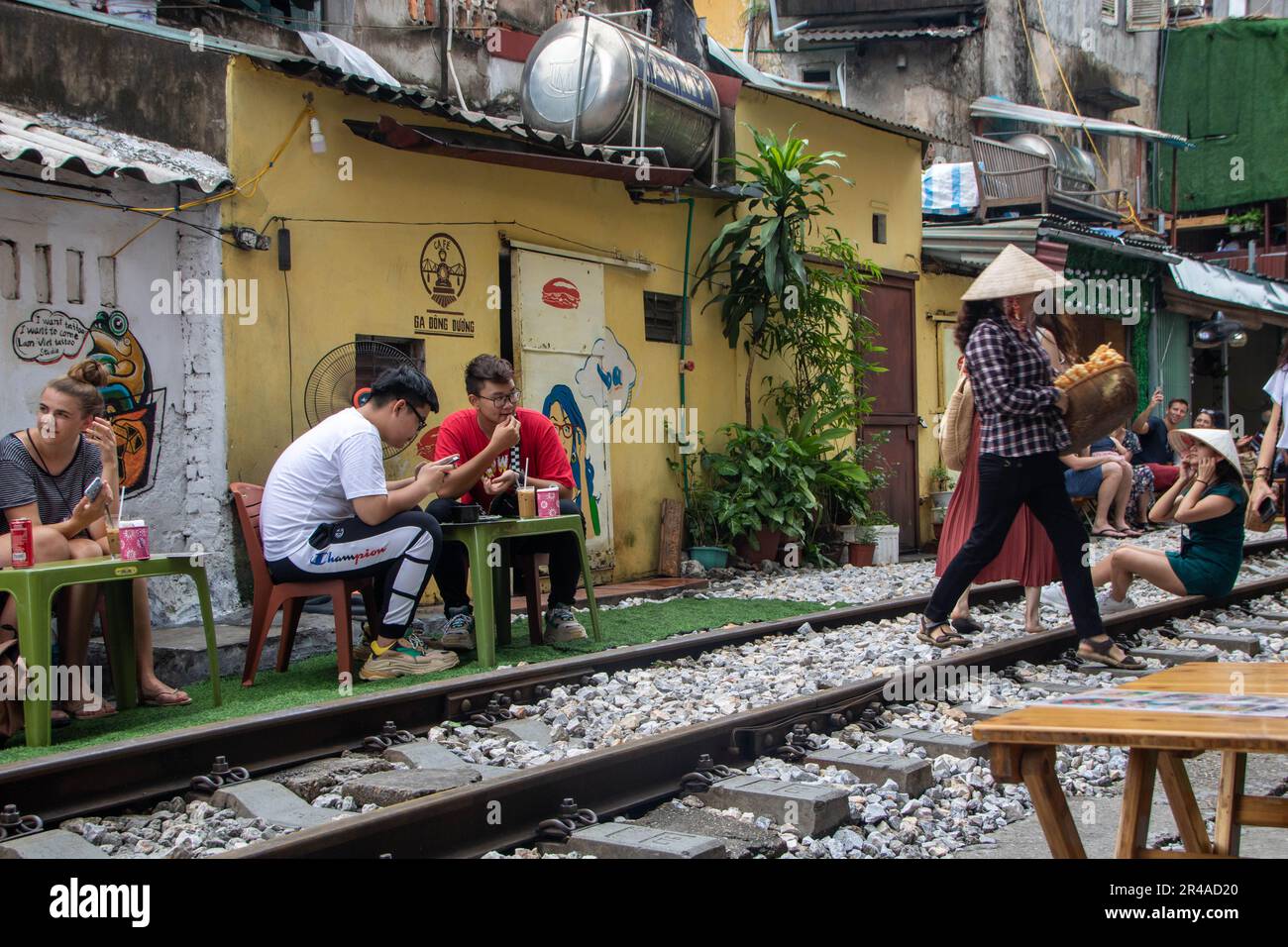 At Hanoi Vietnam on september 2019, railway running through the heart ...