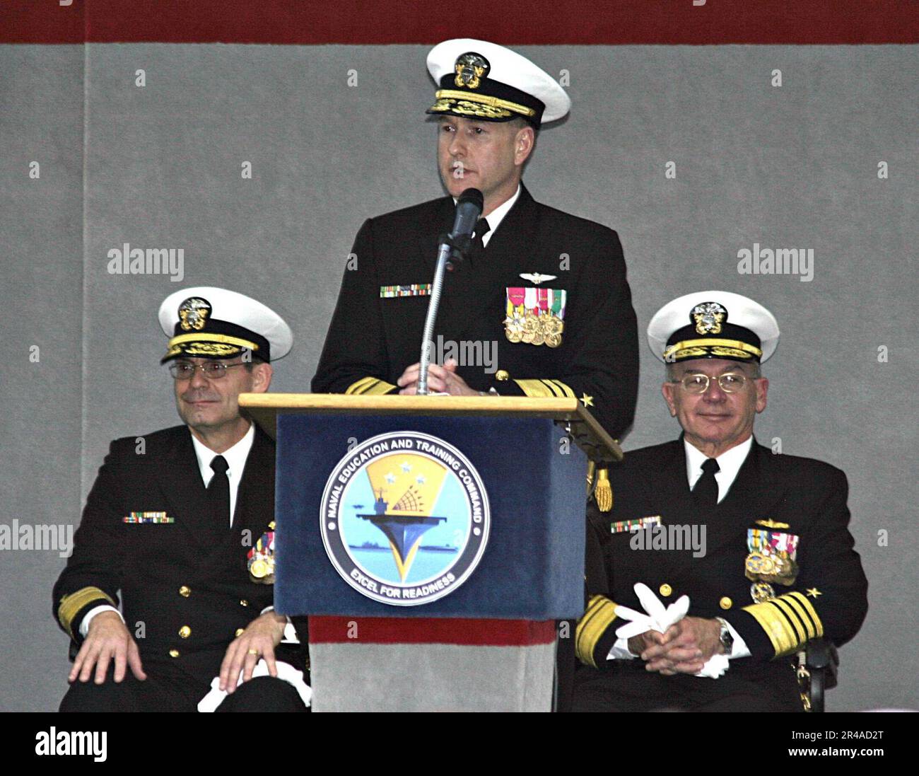 US Navy Vice Adm. Kevin Moran makes some remarks as he assumes command ...