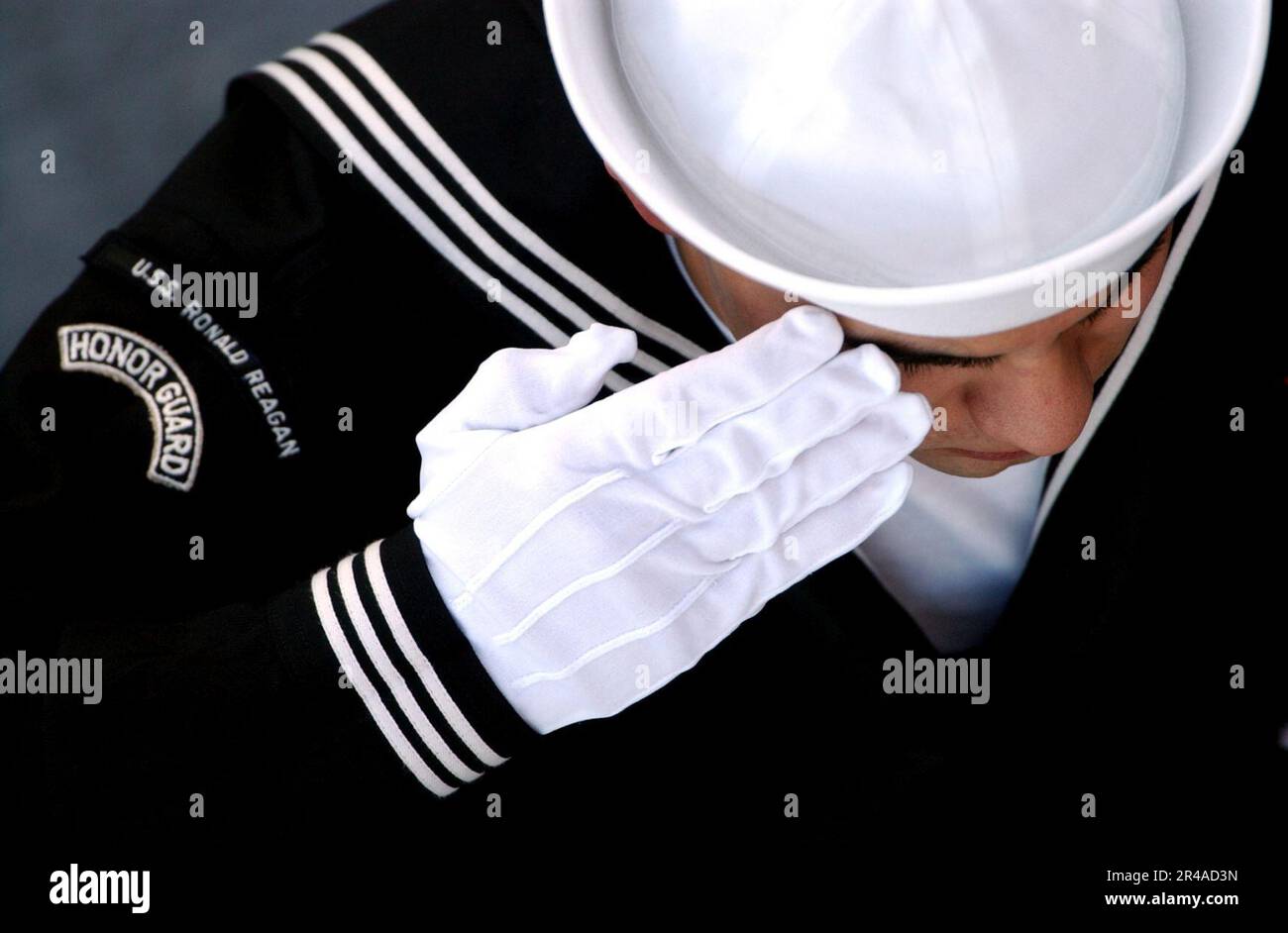 US Navy An Honor Guard member renders a salute during a burial at sea ...