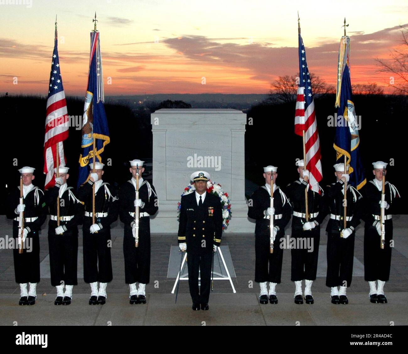 US Navy Sailors, assigned to the U.S. Navy's Ceremonial Guard, stand in formation in front of ...