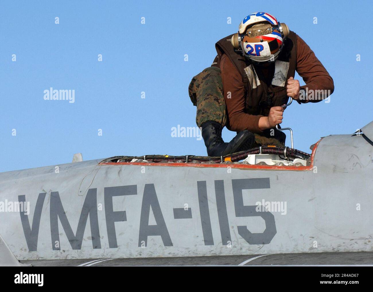 US Navy A Marine Corps plane captain assigned to the Silver Eagles of ...