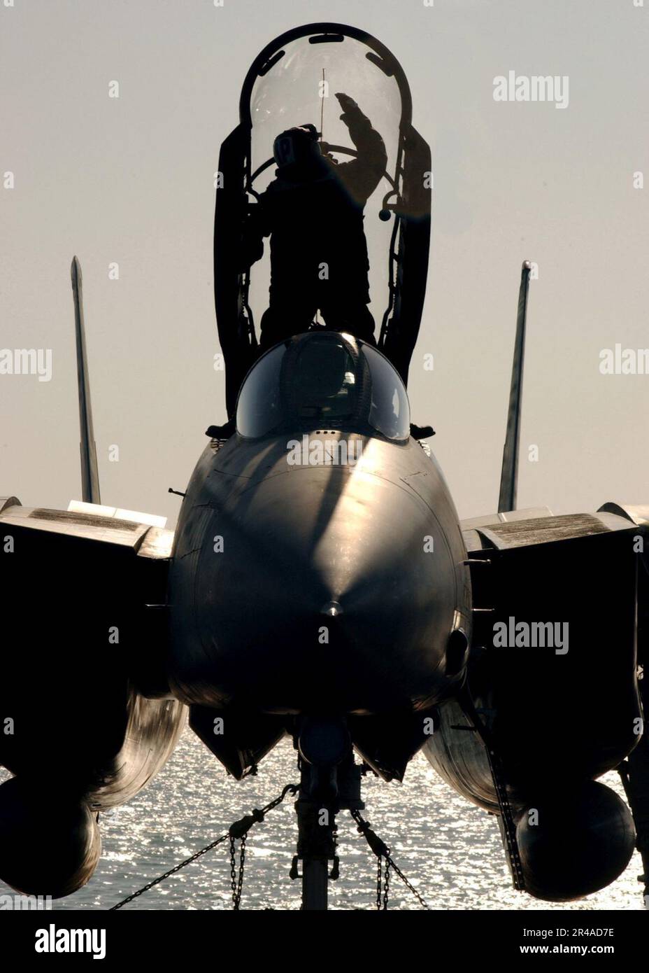 US Navy A Sailor cleans the canopy on one of the squadron's F-14B ...