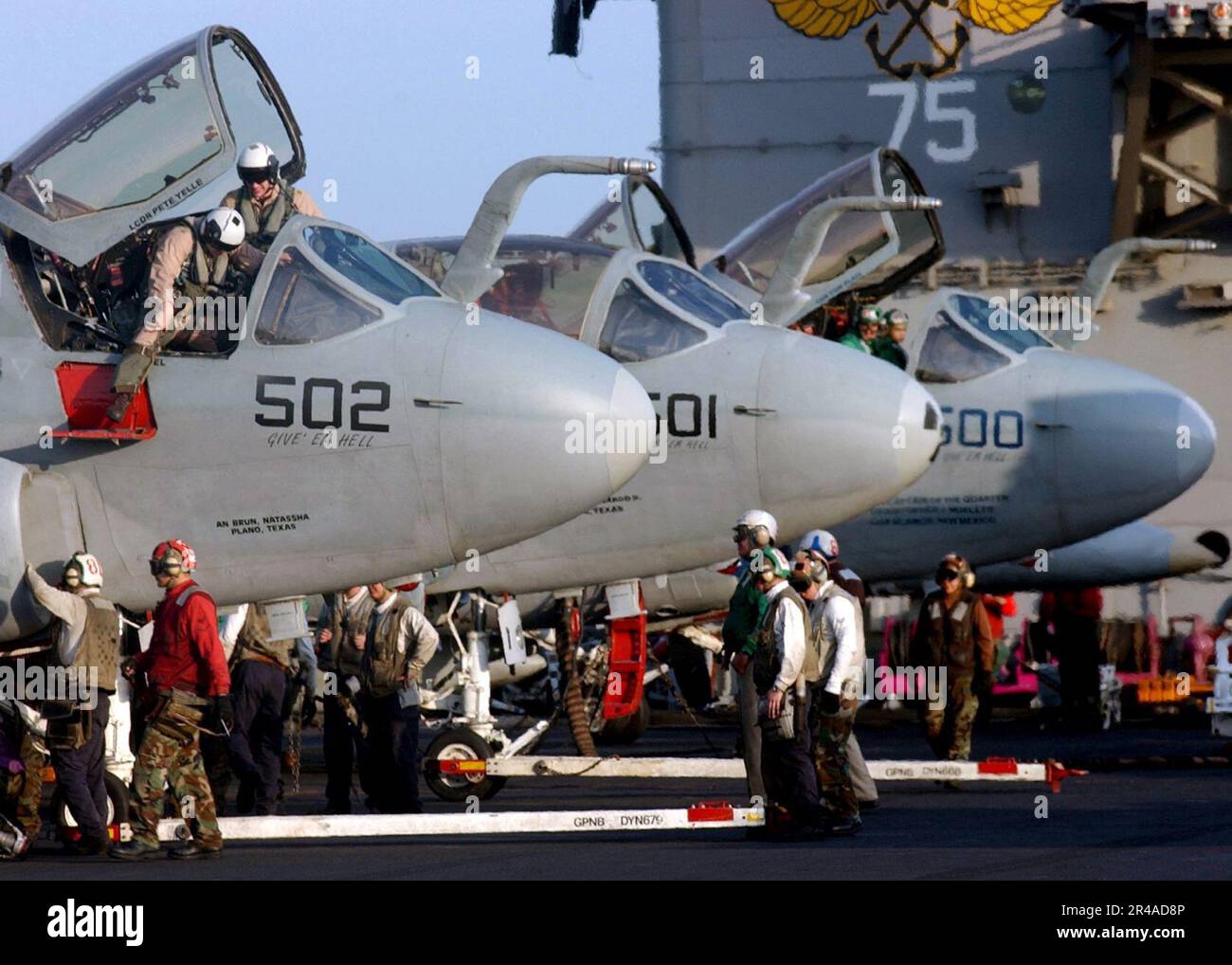 US Navy EA-6B Prowlers prepare for flight operations aboard the Nimitz ...