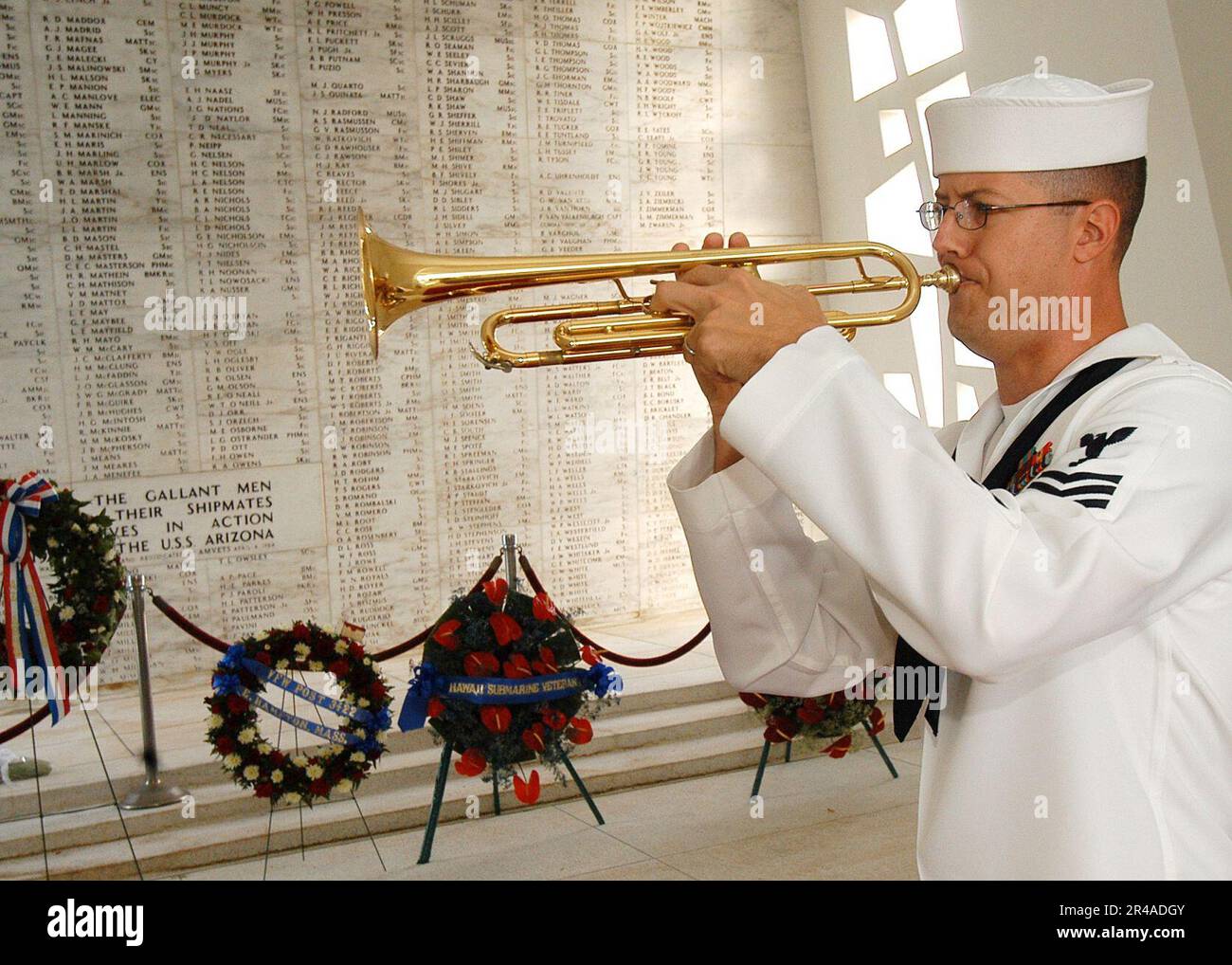 US Navy Musician 1st Class plays Echo Taps from the shrine room aboard ...