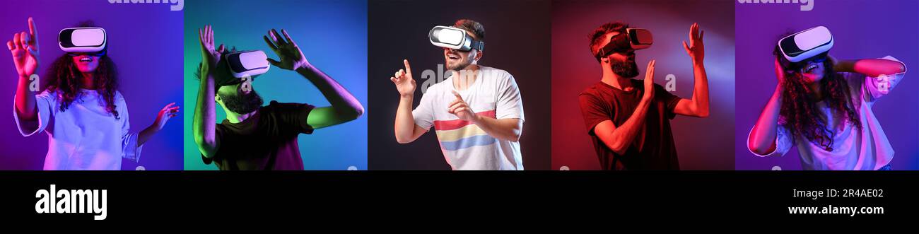 Set of different people with VR glasses on colorful background Stock ...