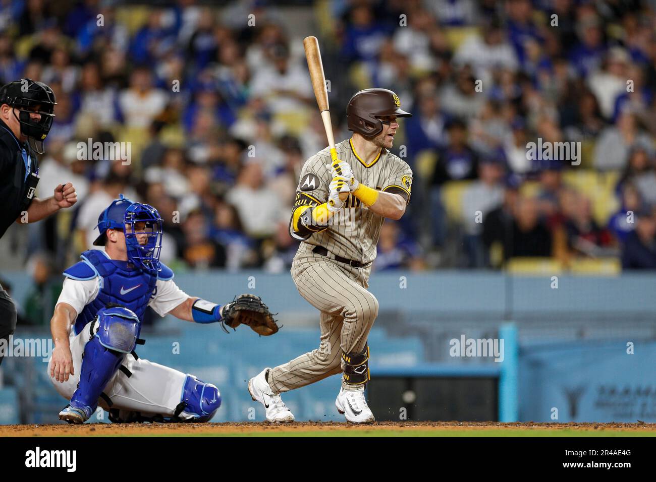 San Diego Padres catcher Brett Sullivan (29) watches his ball in flight ...
