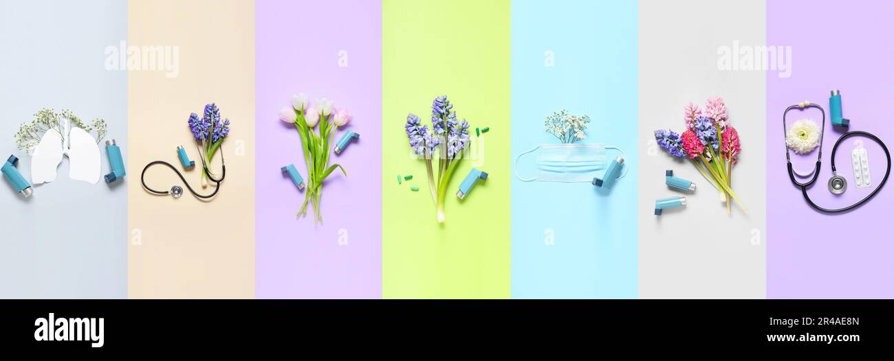 Collage of spring flowers with inhalers, stethoscopes, face mask and ...