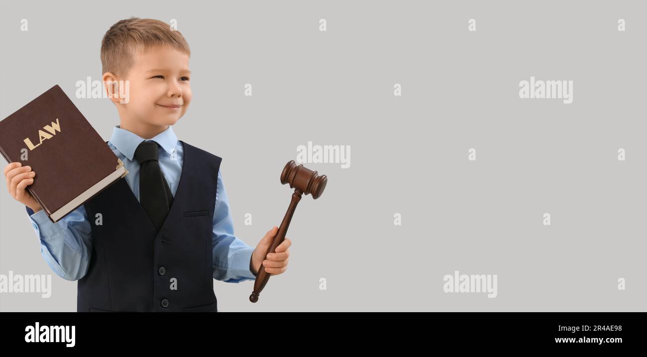 Cute little judge with law book and gavel on grey background with space ...
