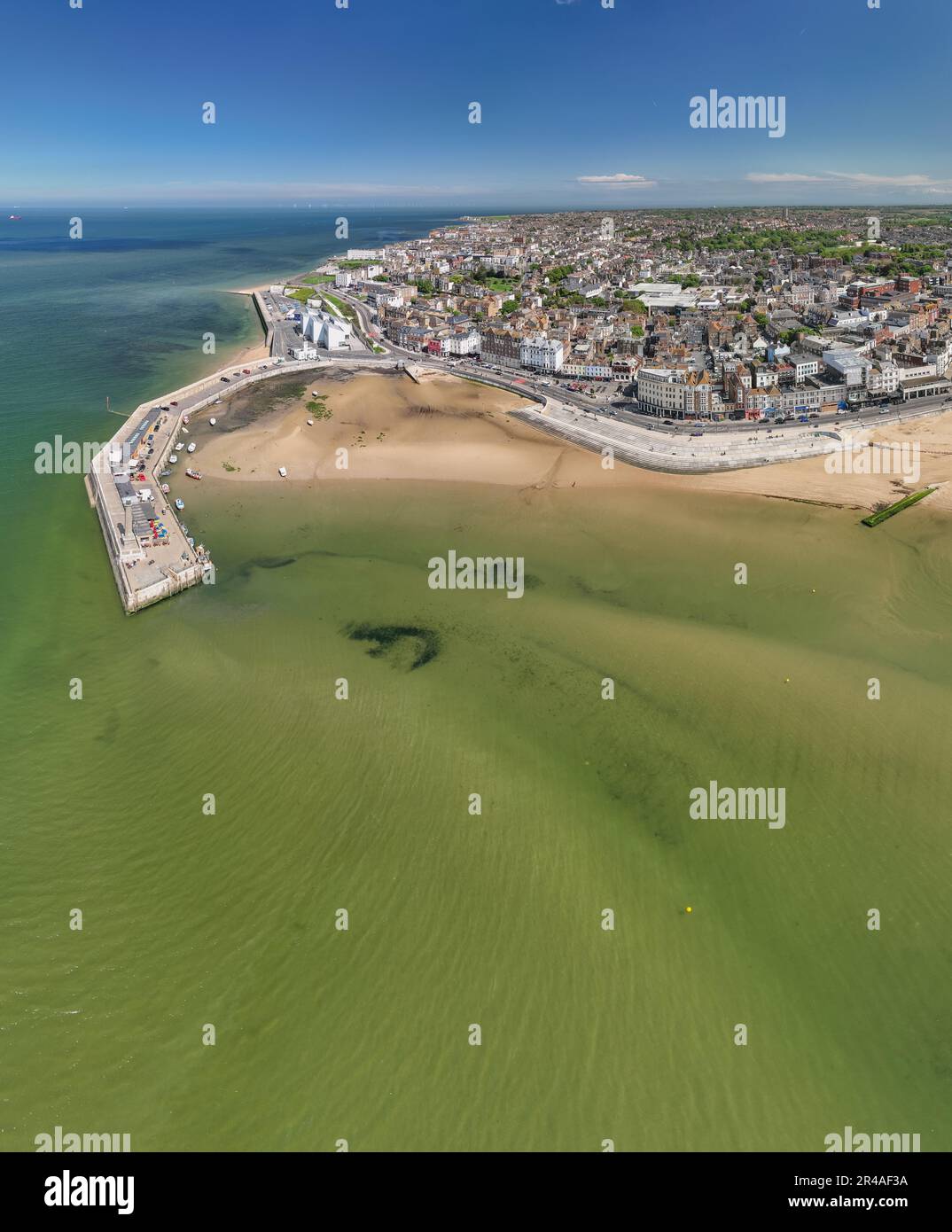 An aerial view of cityscape Margate surrounded by water and buildings ...