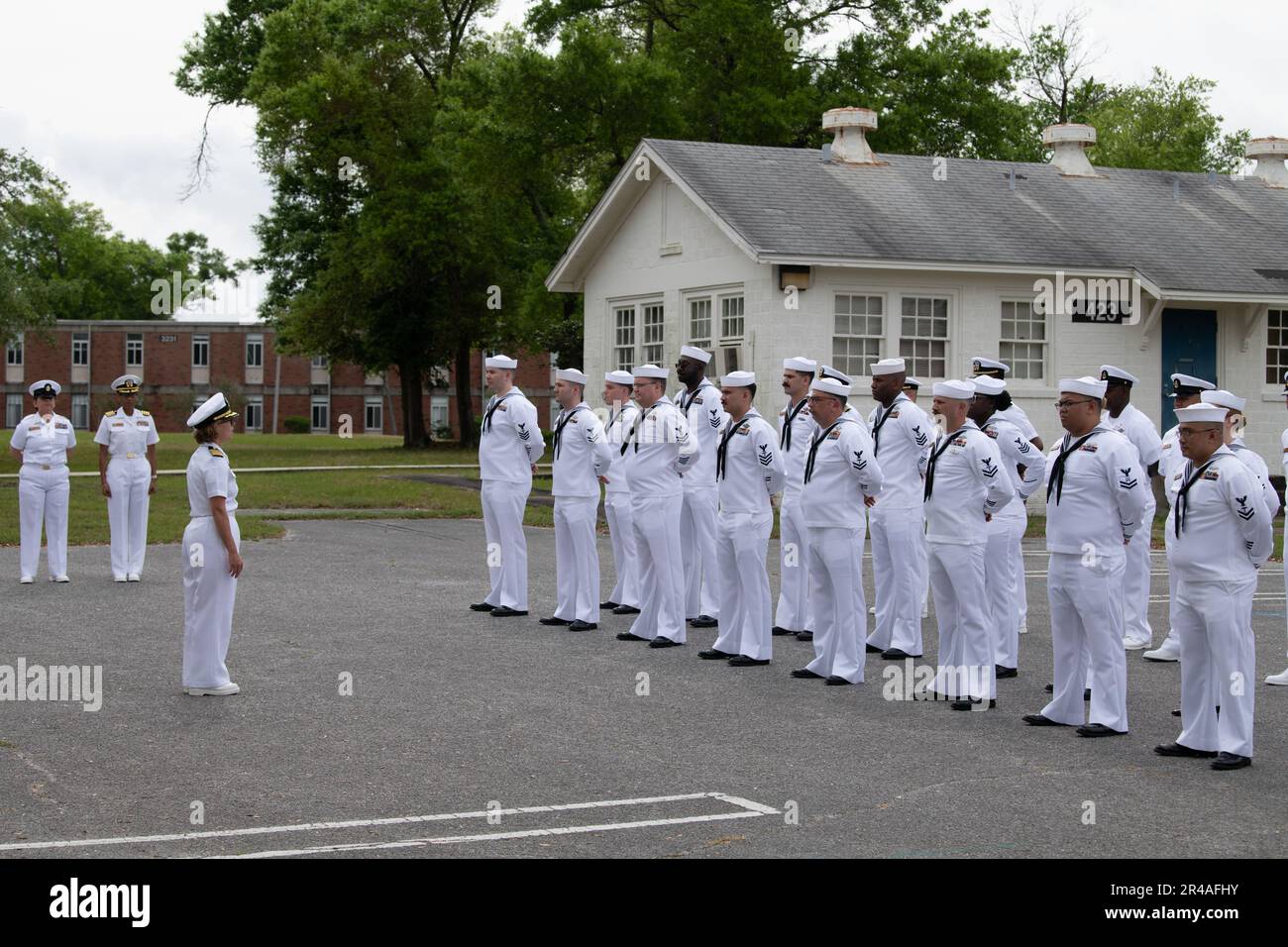 Command leadership conducts a dress whites uniform inspection, Apr. 07 ...