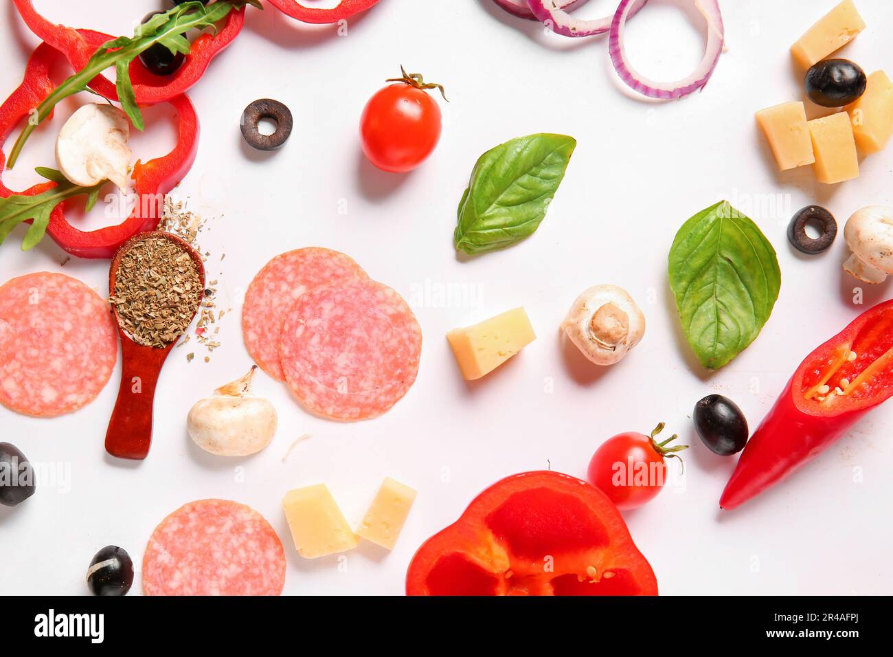 Ingredients for preparing pizza on white background Stock Photo - Alamy