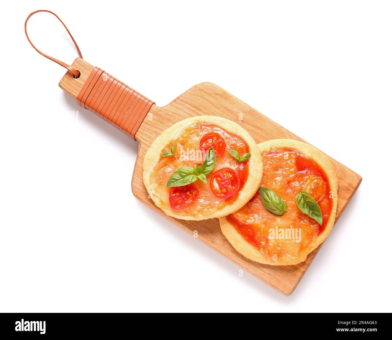 Board with tasty mini pizzas on white background Stock Photo - Alamy