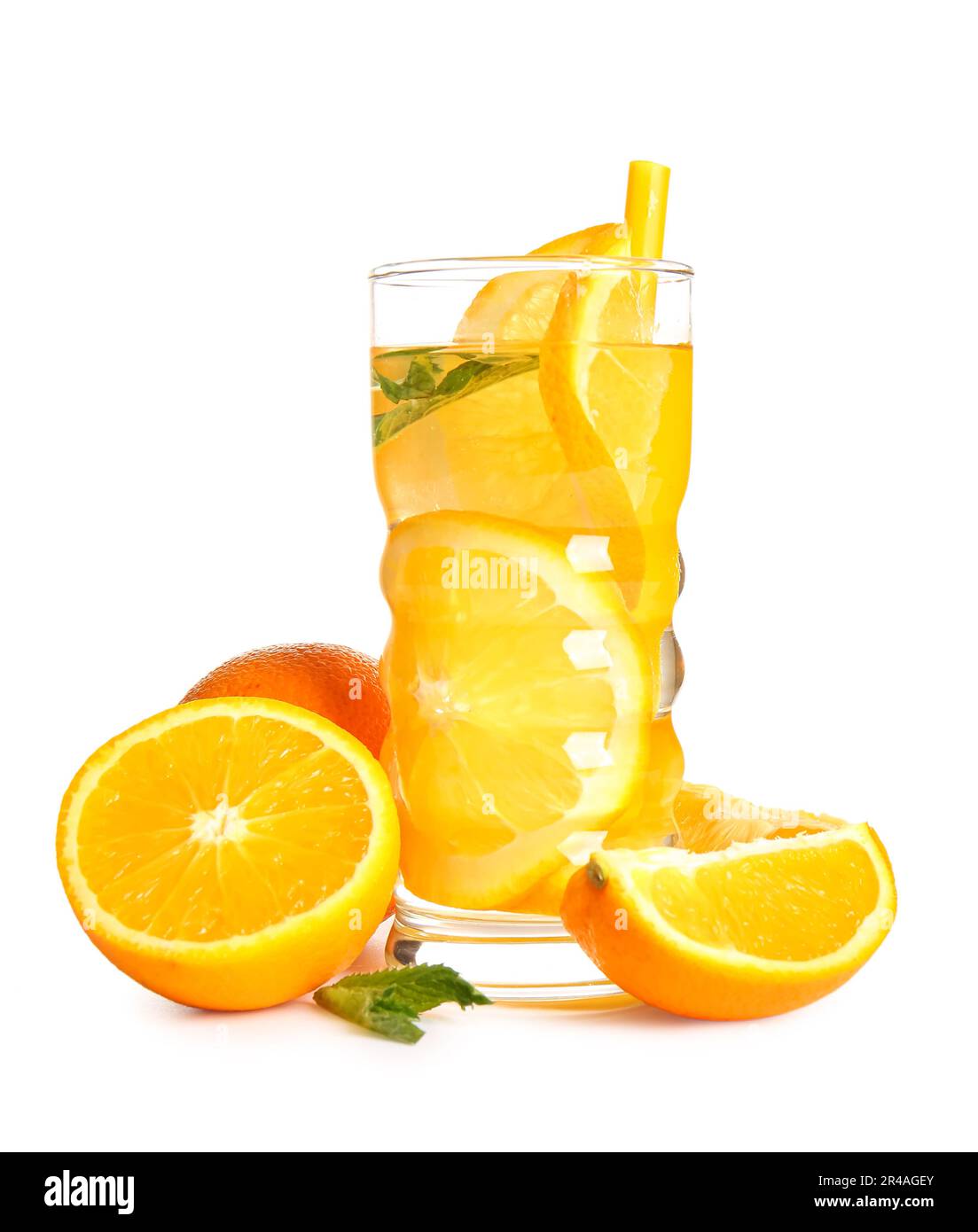 Glass of infused water with orange slices on white background Stock ...
