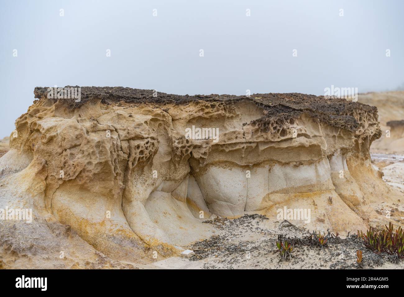 A large rock prominently featured in a desolate beach landscape, with ...