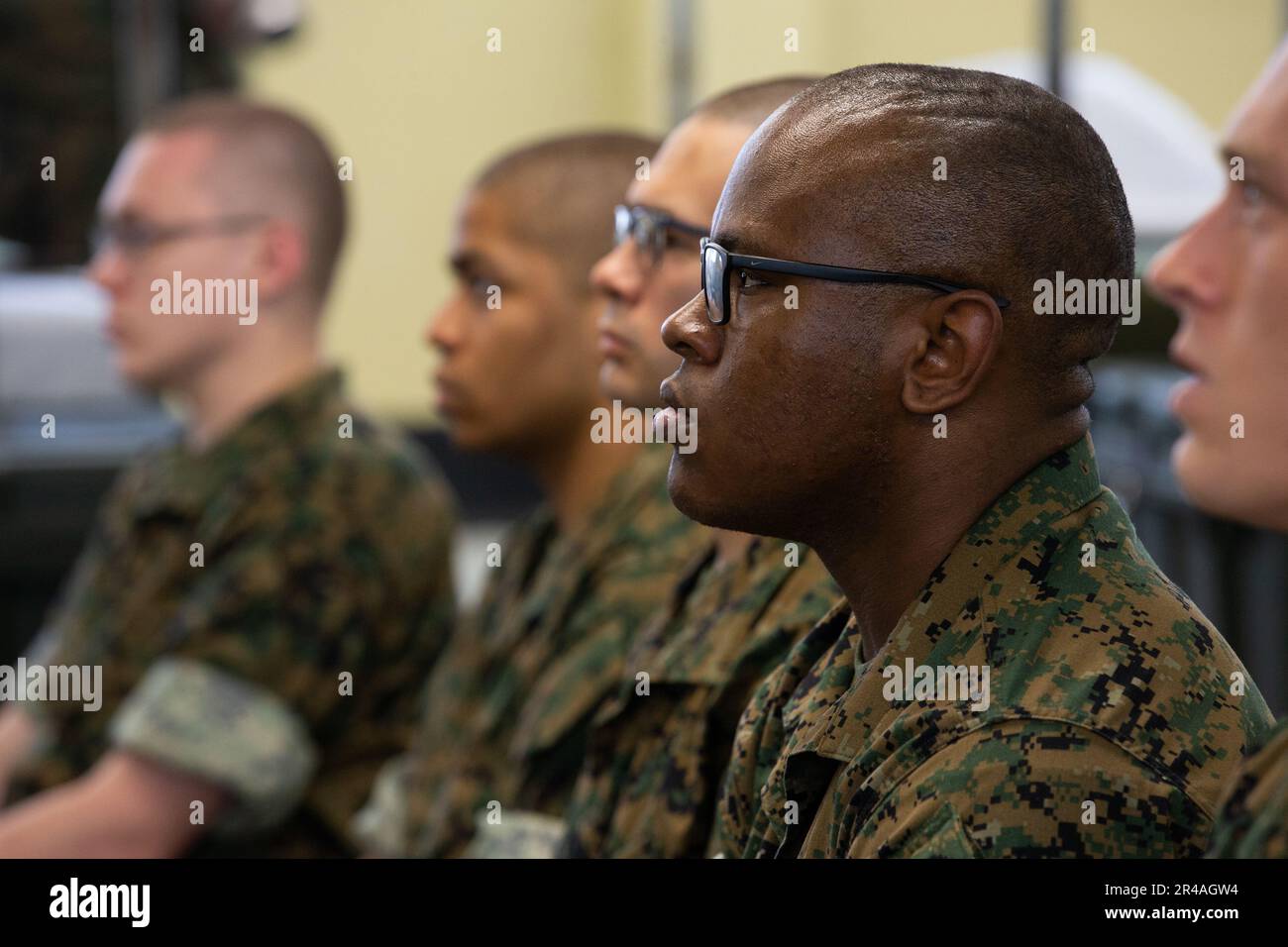 Recruits with Bravo Company, 1st Recruit Training Battalion, listen to ...