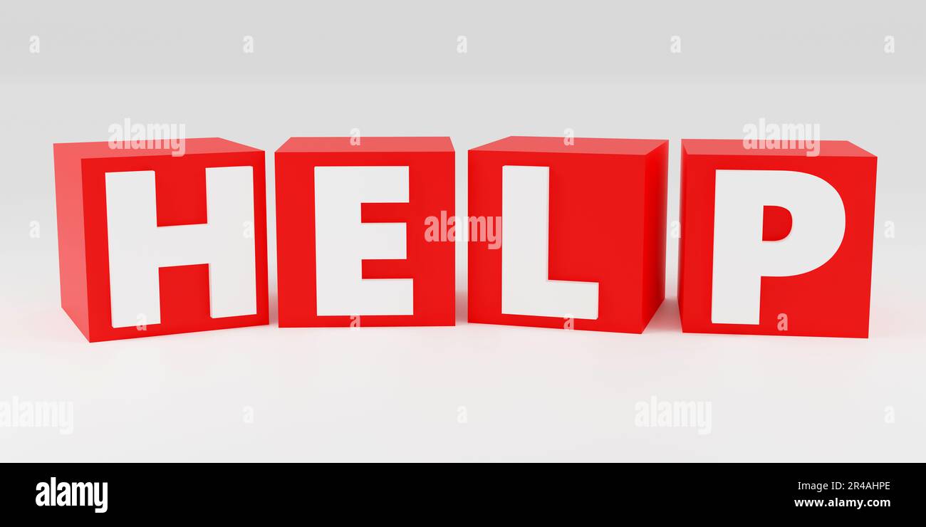 3d render illustration of help red cubes letter on light blackground ...