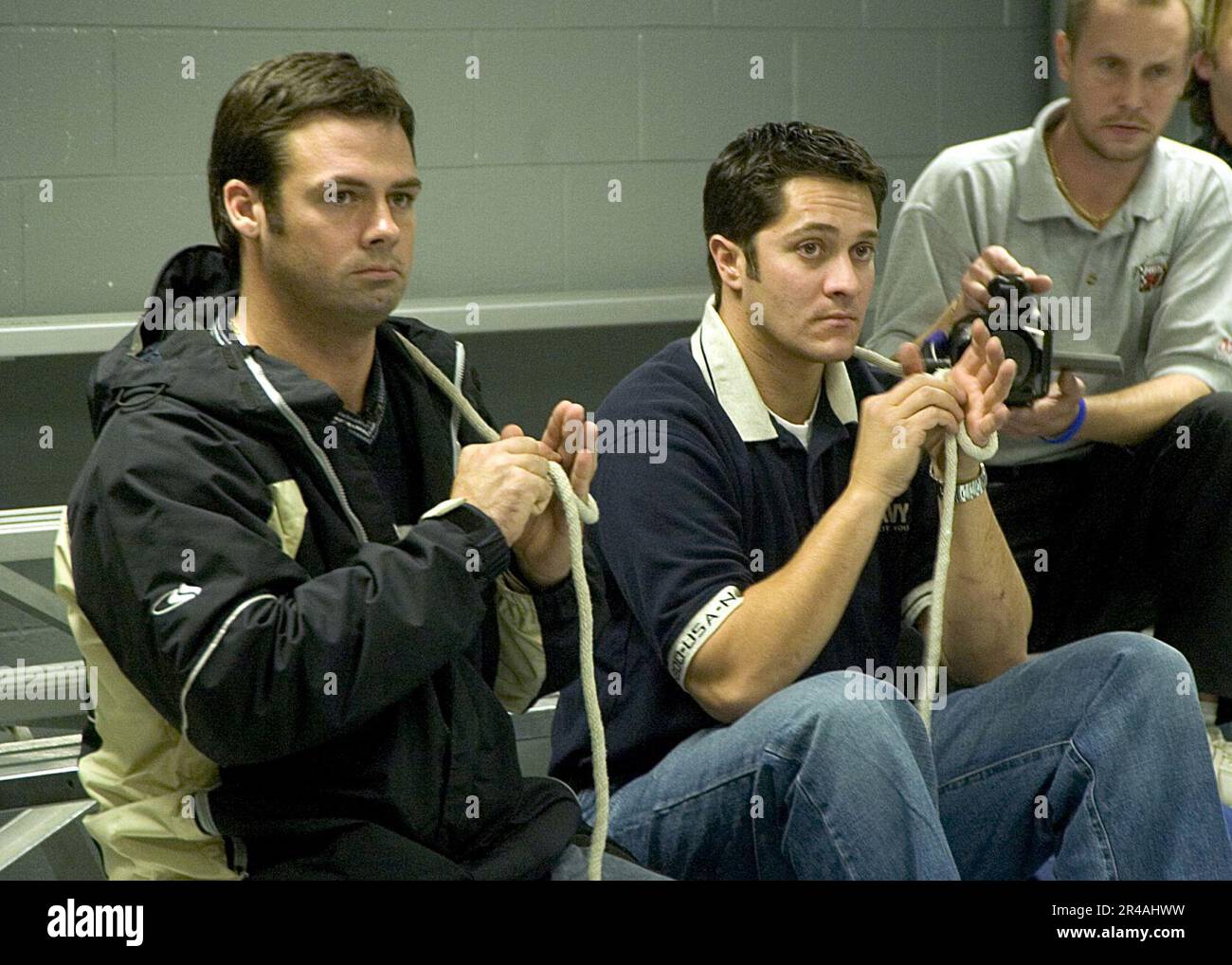 US Navy David Stremme, right, driver for the Navy NASCAR racing team ...