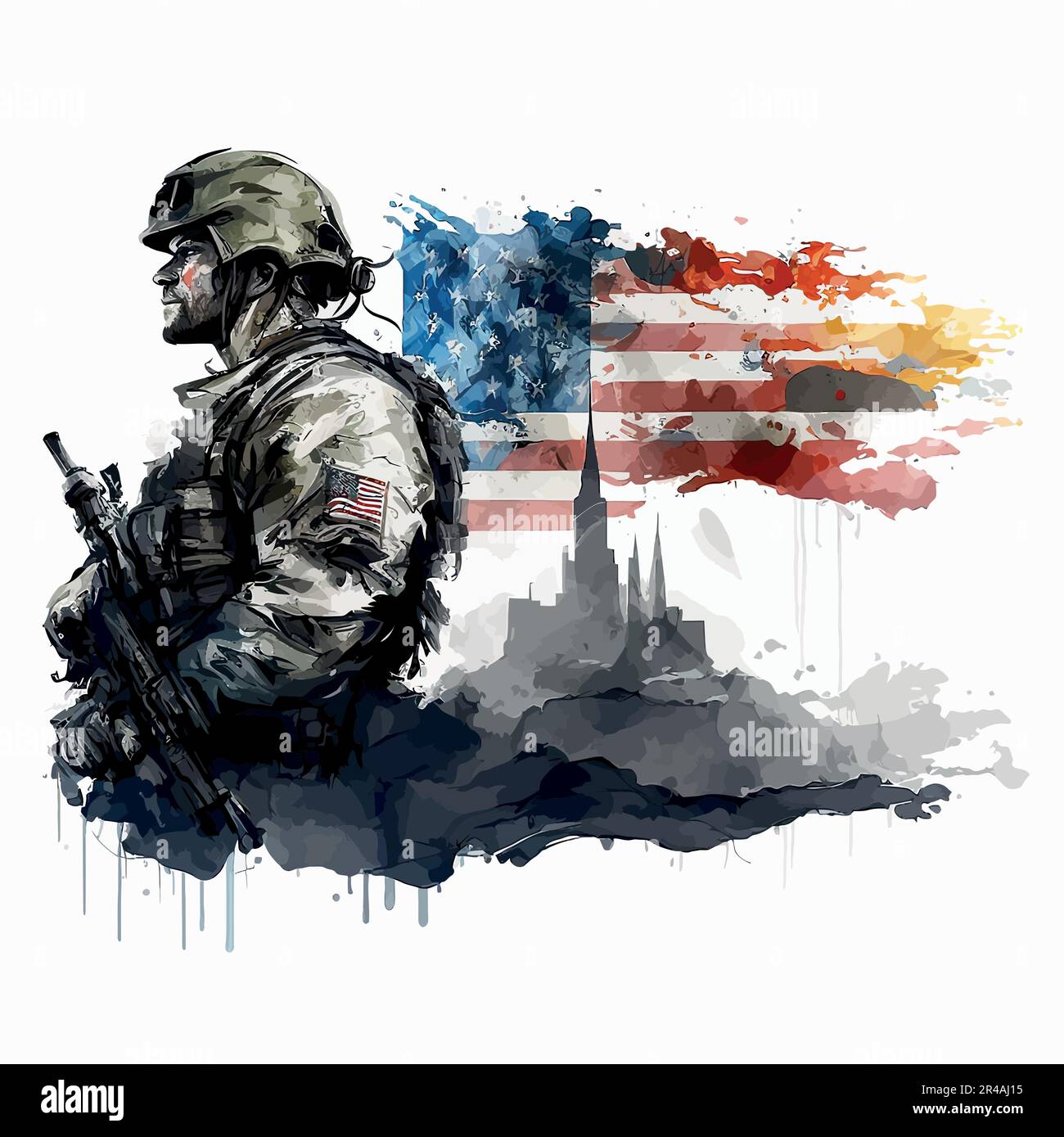 on a white background, a watercolor drawing of an American soldier ...