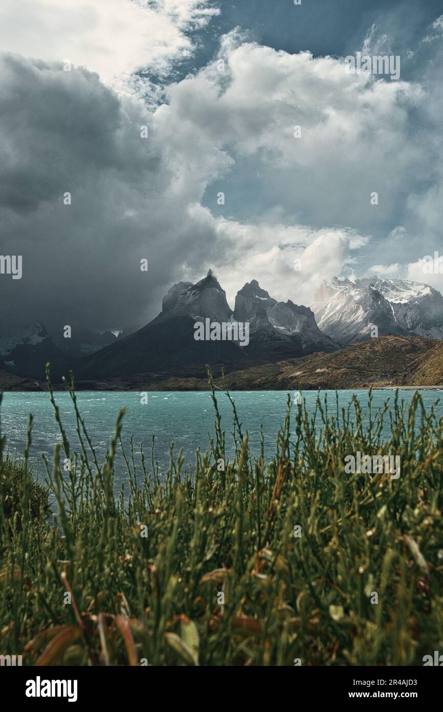 A picturesque view of Mirador Cuernos, National Park of Torres del Paine with a majestic ...