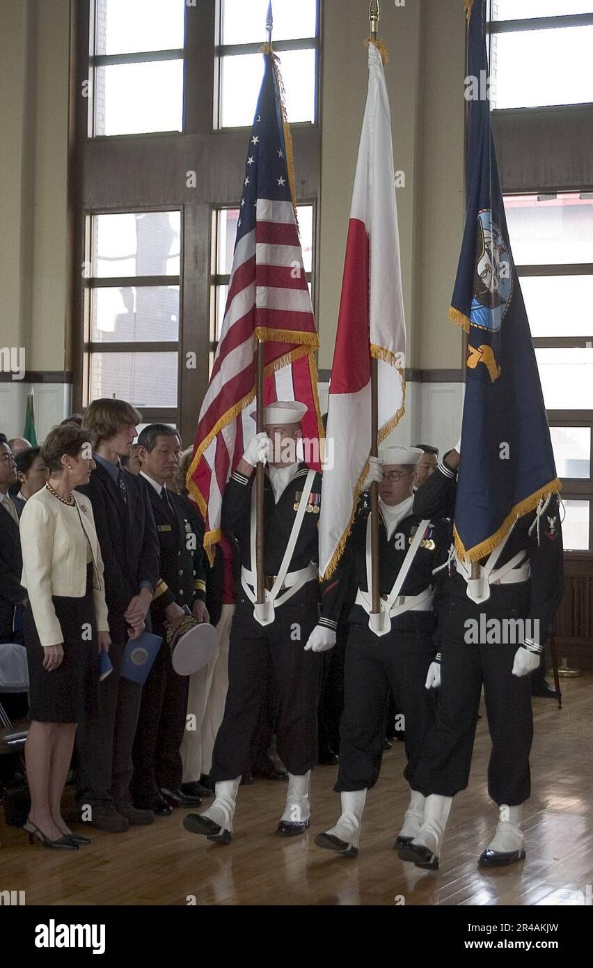 US Navy Commander Fleet Activities Yokosuka (CFAY) Color Guard parades the colors at the CFAY ...