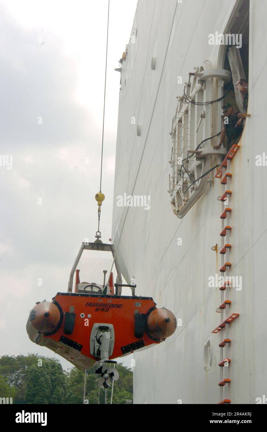 US Navy Members of Mobile Security Squadron Seven (MSS-7) lower a ...