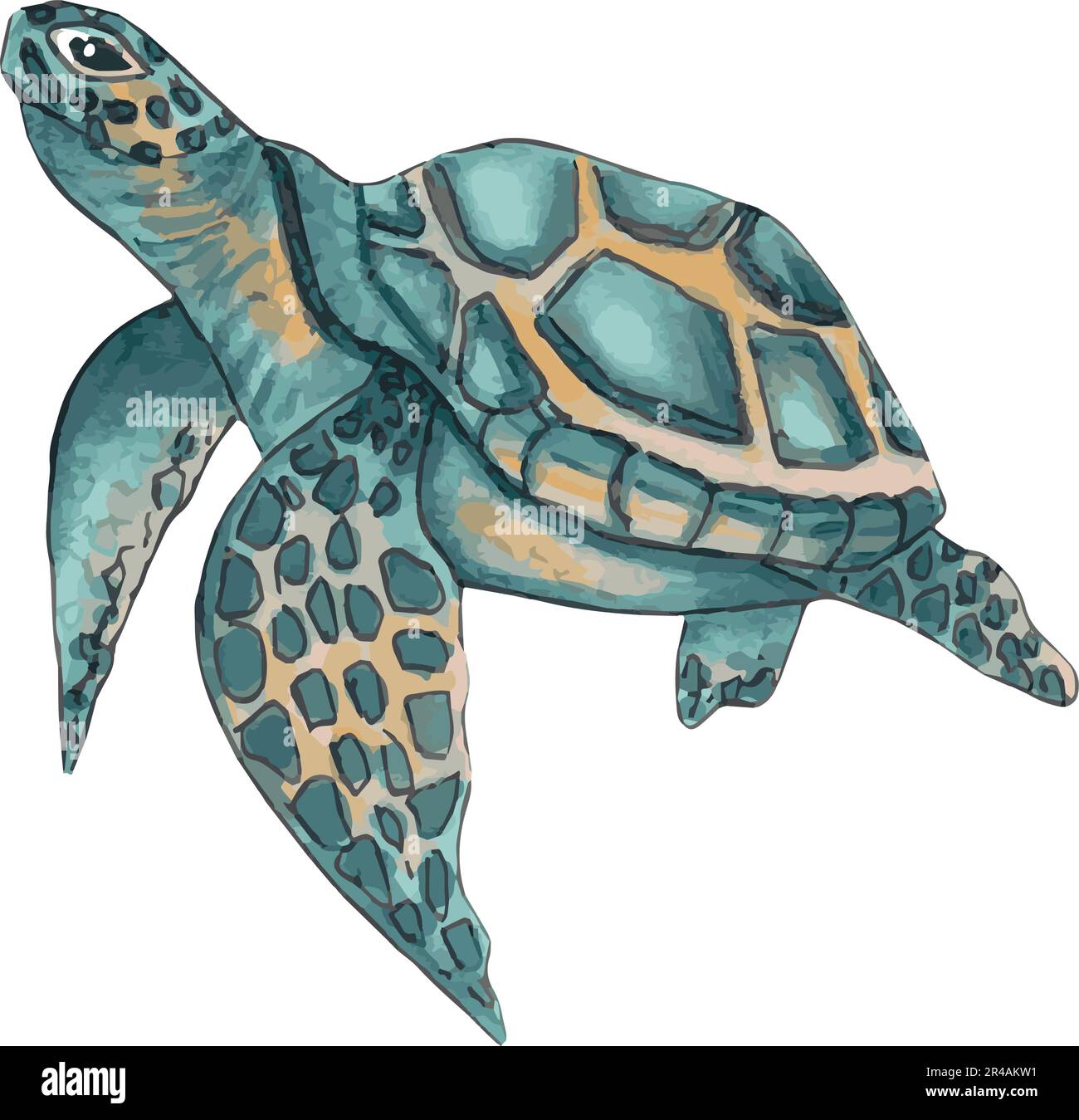 Sea turtle. Cute animal design. Turquoise sea turtle swims in the water ...