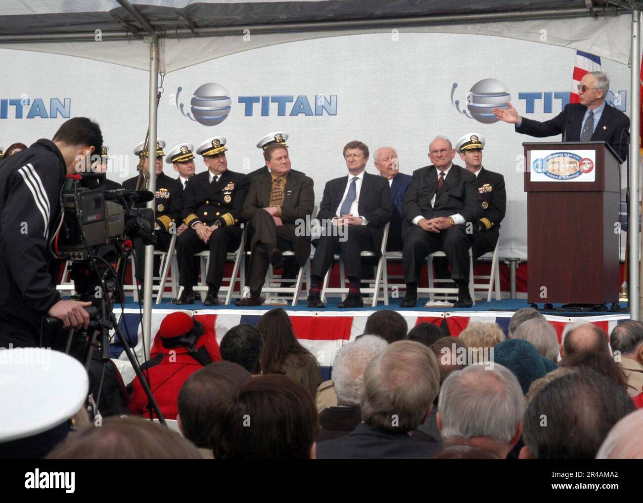 US Navy Secretary of the Navy Gordon England speaks at the christening ...